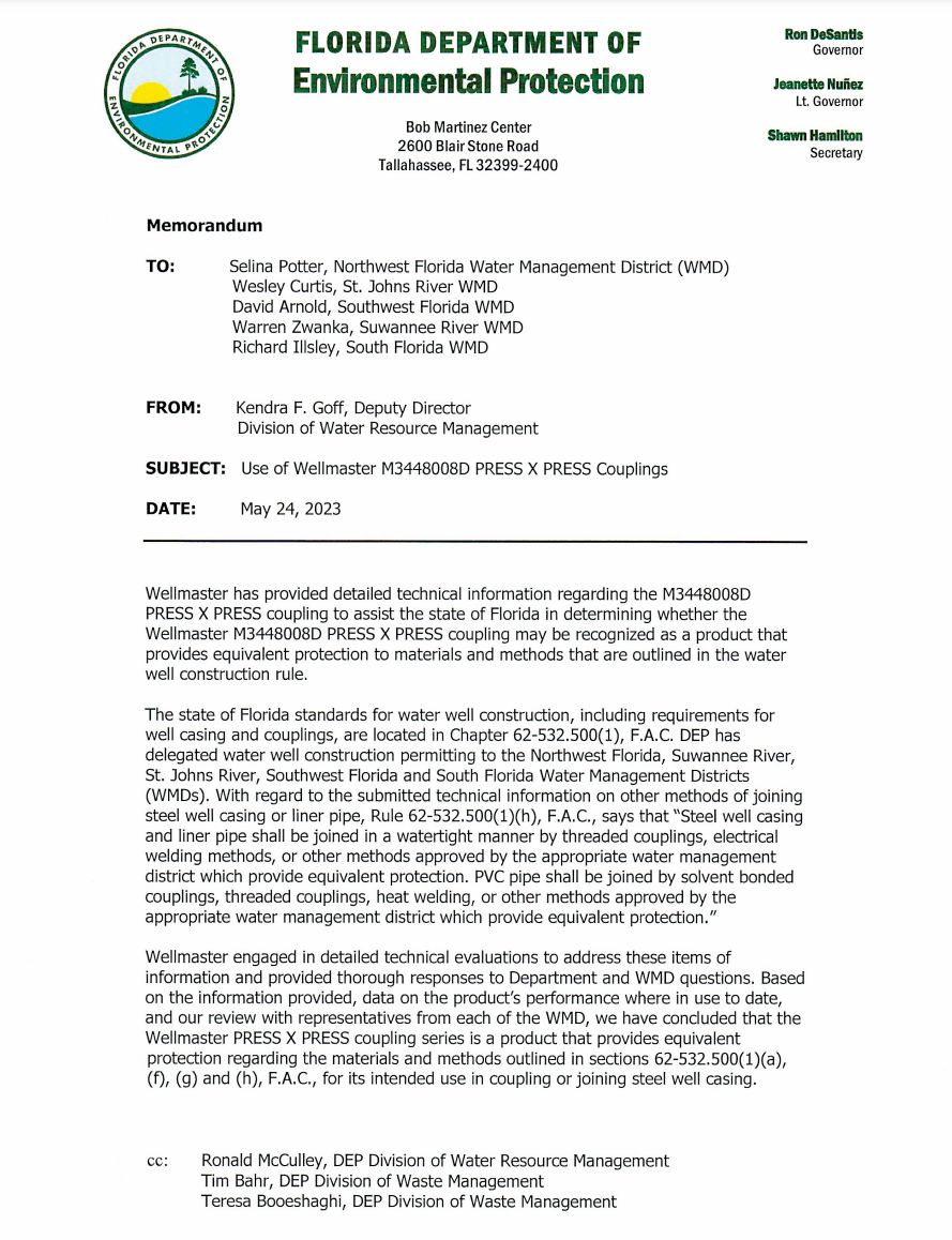 Wellmaster's Press x Press® Couplings Earn Florida Approval